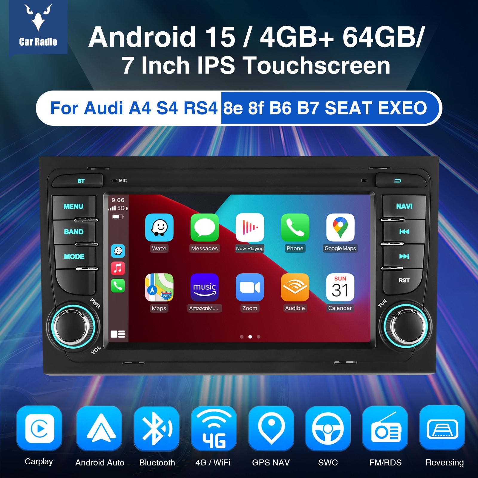 ESSGOO MP5 AR7001 | Android 15, 7-inch IPS Touchscreen -For Audi A4, B