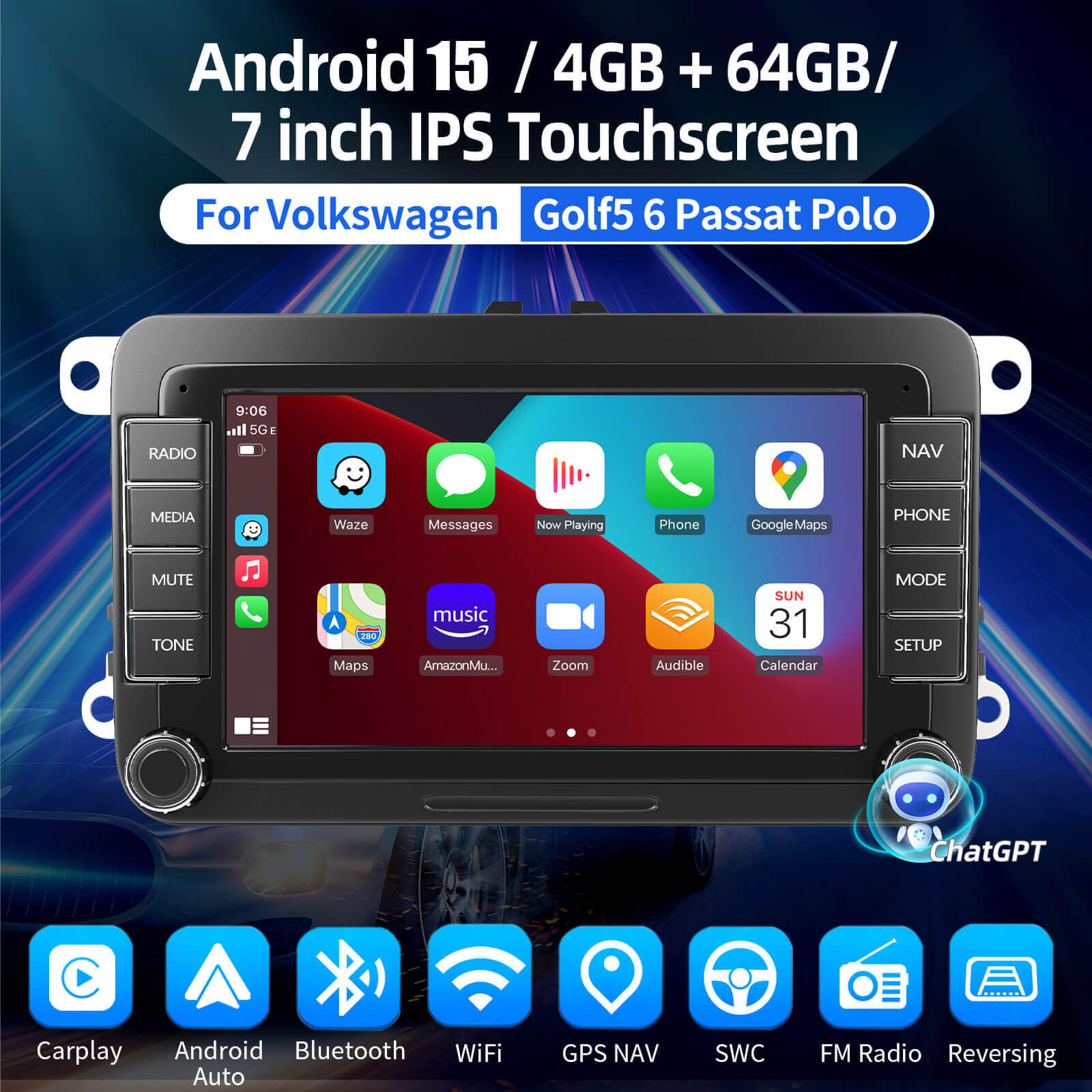 ESSGOO MP5 AR7002 | Android 15, 7-inch IPS Touchscreen - For Volkswage